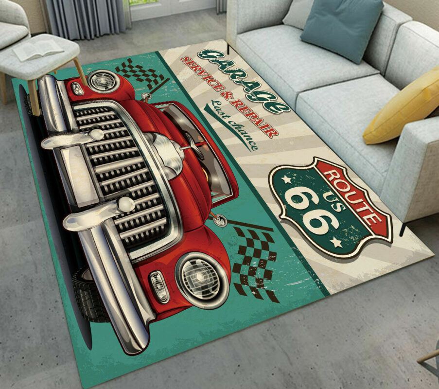 Hot Rod Garage Route US 66 Car Area Rug - Dingmun