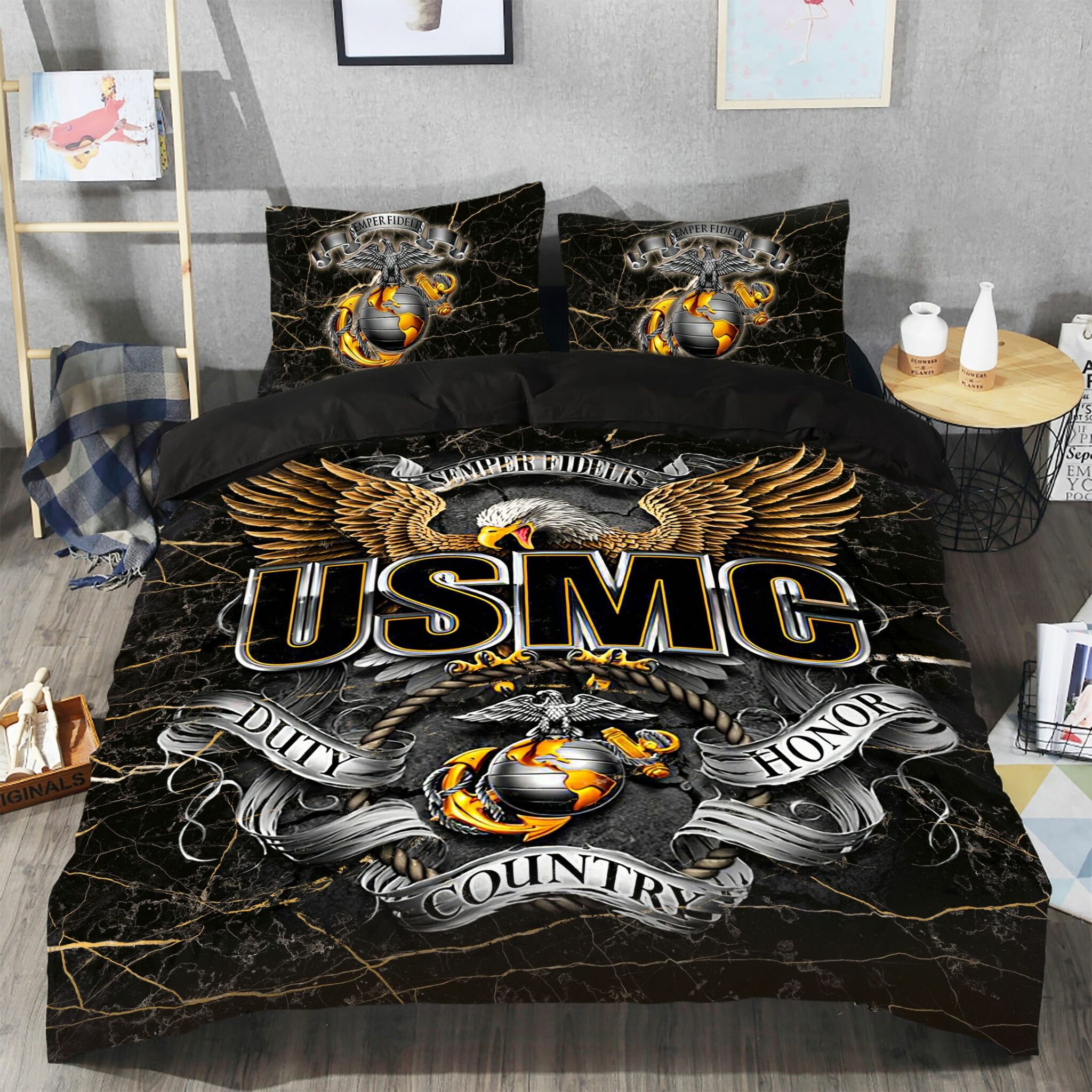 US Marine Corps USMC Army Force Veteran Quilt Bedding Set - Dingmun