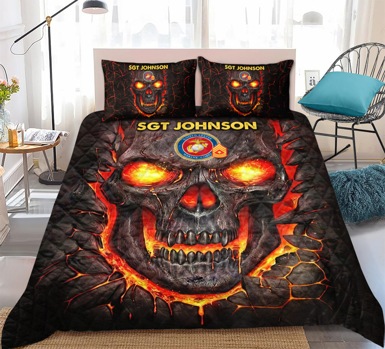 Personalized US Marine Corps Military Veteran Skull Quilt Bedding Set ...