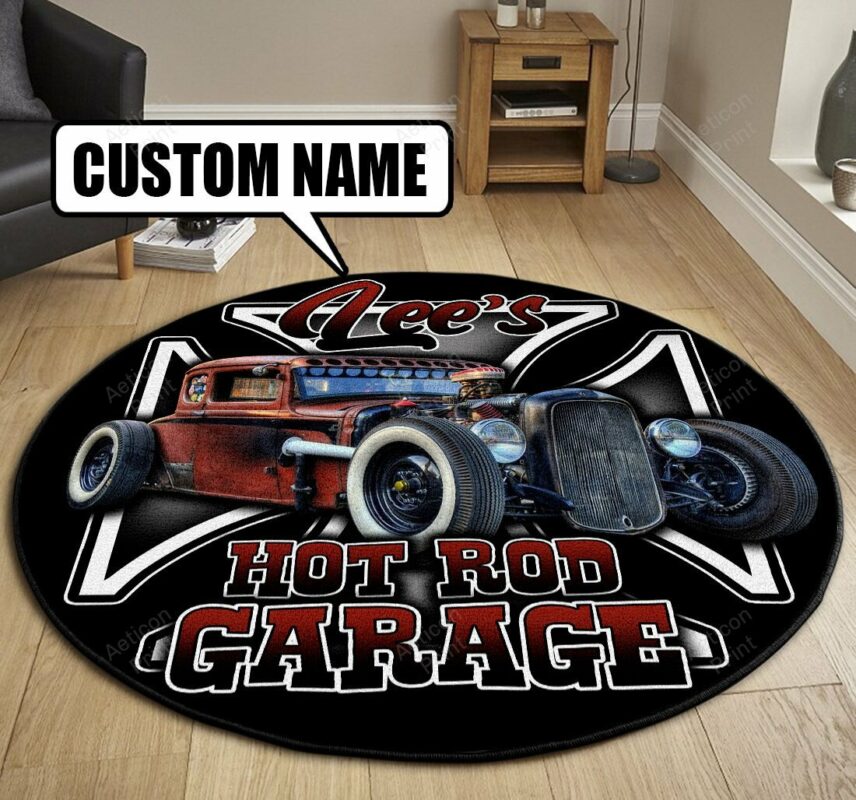 Personalized Hot Rod Garage Round Rugs- Round Floor Mat For Bedroom ...