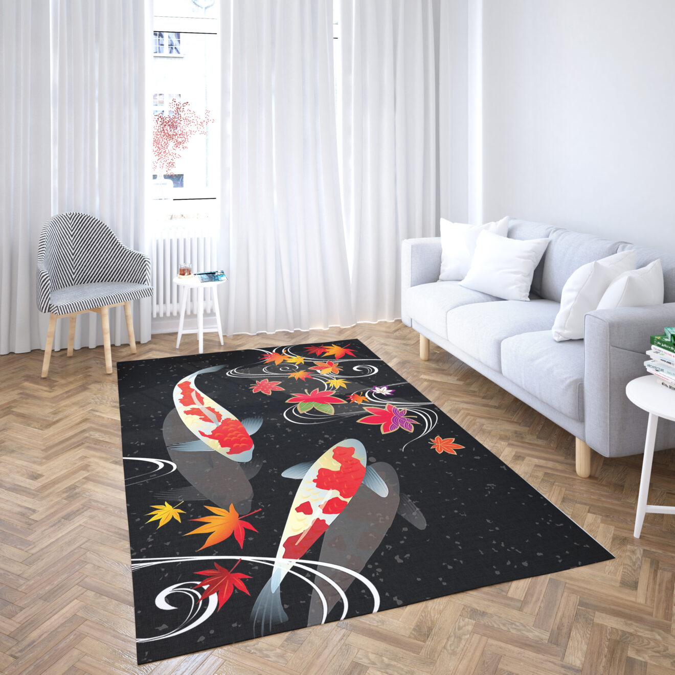 Japanese Koi Fishes Rug With Autumn Leaves - Dingmun