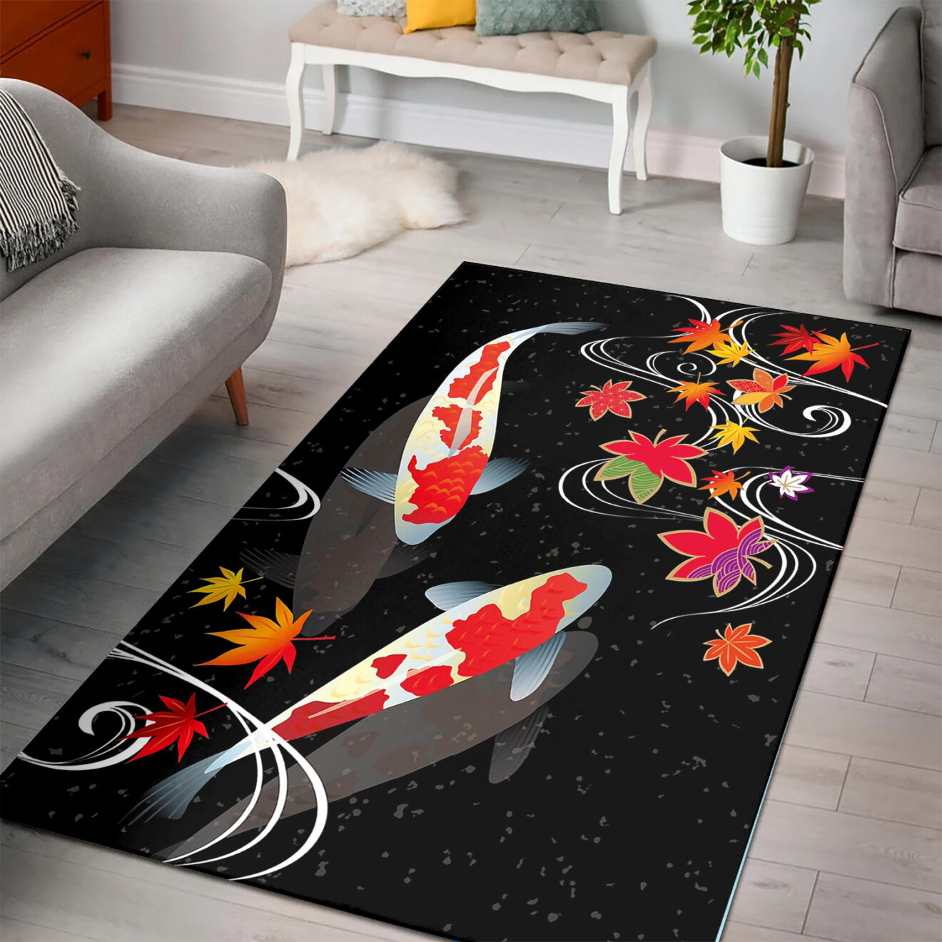 Japanese Koi Fishes Rug With Autumn Leaves - Dingmun