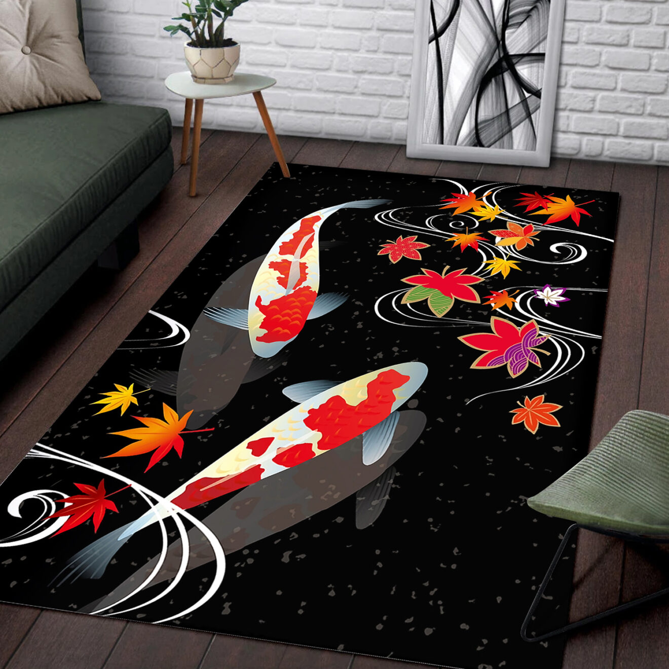 Japanese Koi Fishes Rug With Autumn Leaves - Dingmun