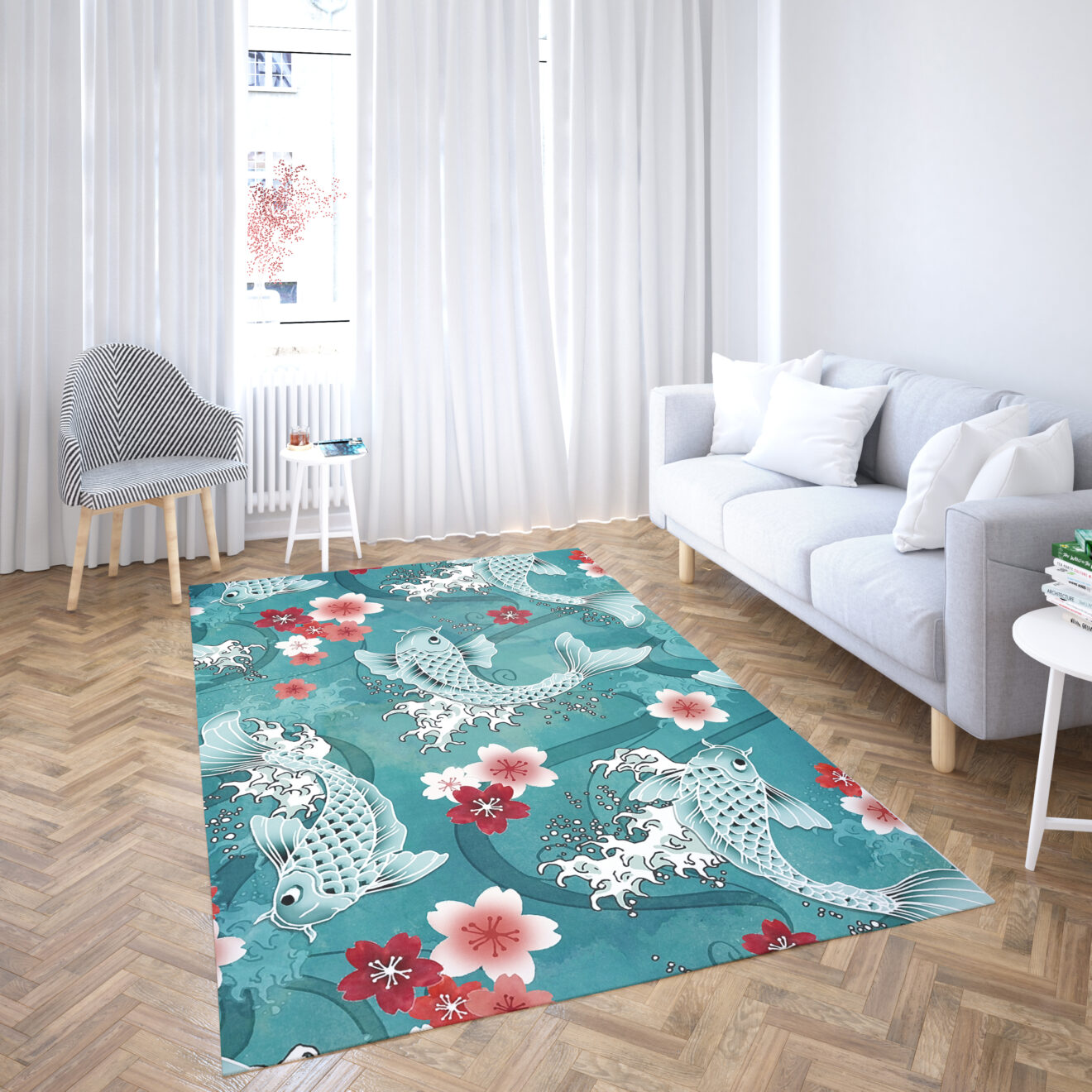 Koi Fish Rug With Sakura Blossom in Turquoise Background - Dingmun