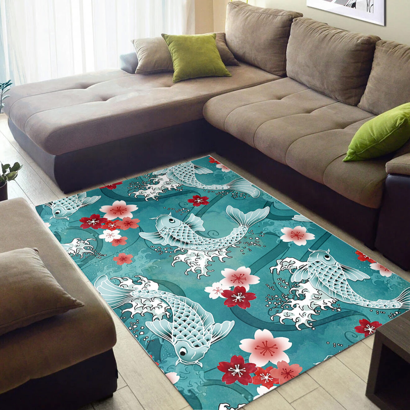 Koi Fish Rug With Sakura Blossom in Turquoise Background - Dingmun
