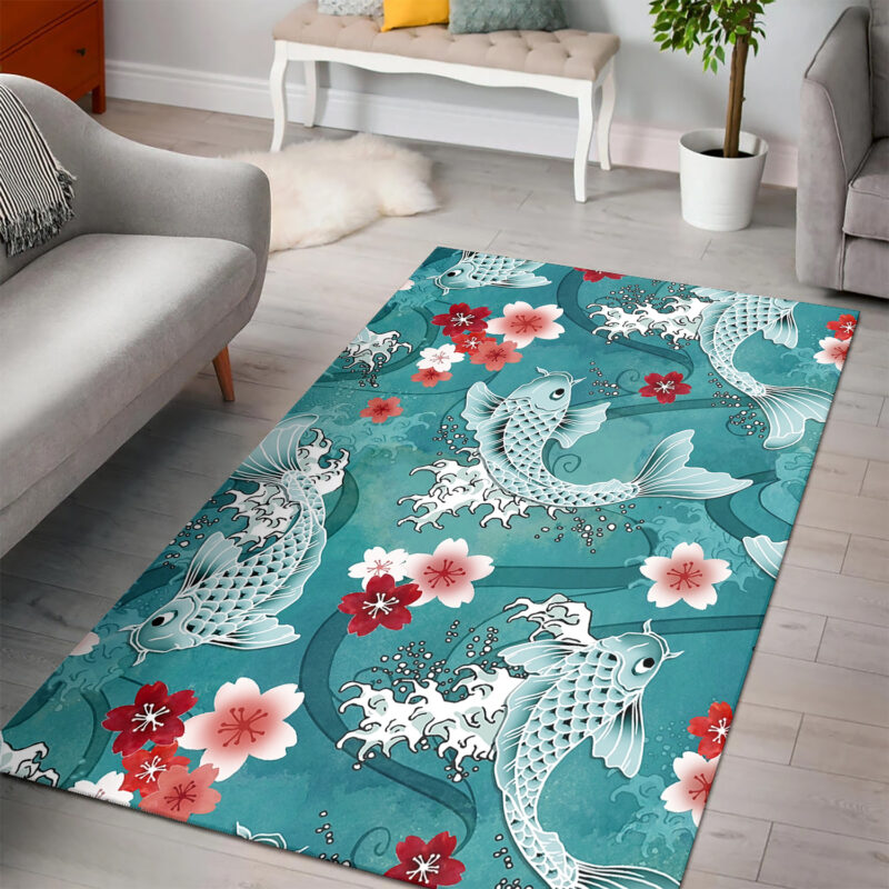 Koi Fish Rug With Sakura Blossom in Turquoise Background - Dingmun