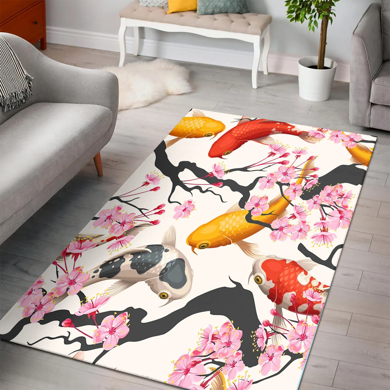 Koi Carp Rug With Sakura Plant Art Koi Fish Rug - Dingmun