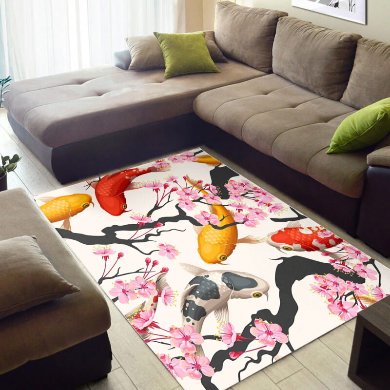 Koi Carp Rug With Sakura Plant Art Koi Fish Rug - Dingmun