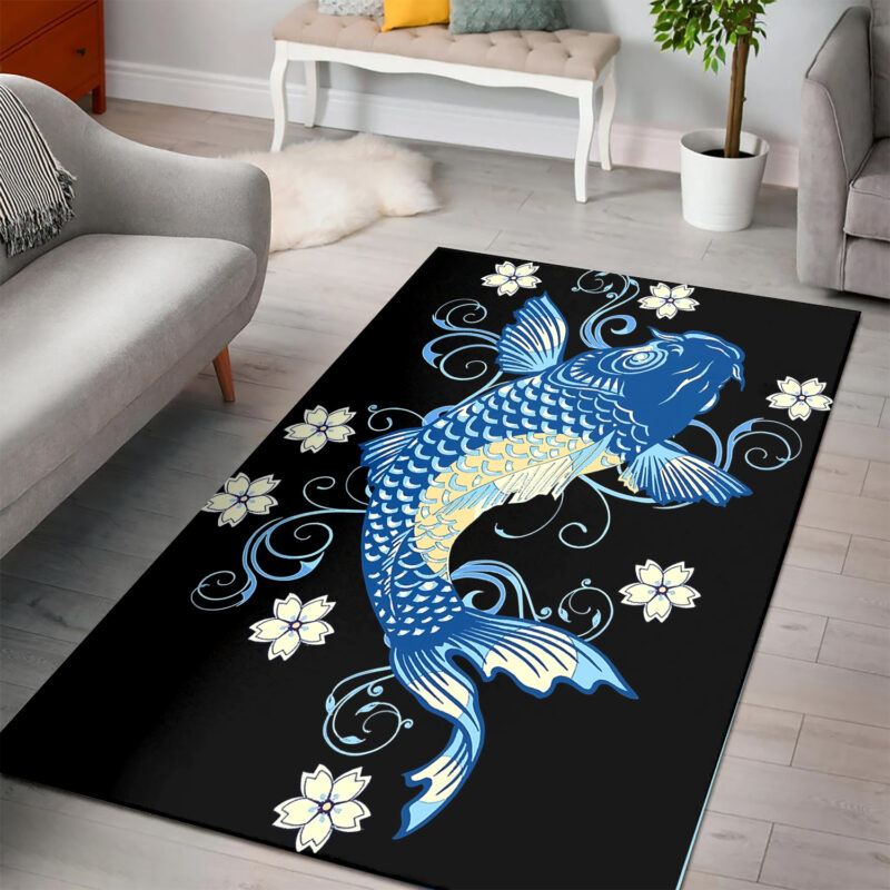 Blue Koi Fish Rug Black Background Rug - Dingmun