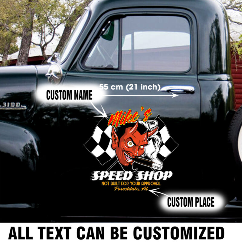 Personalized Speed Shop Red Devil Door Art Sticker Set 2 Pcs - Dingmun