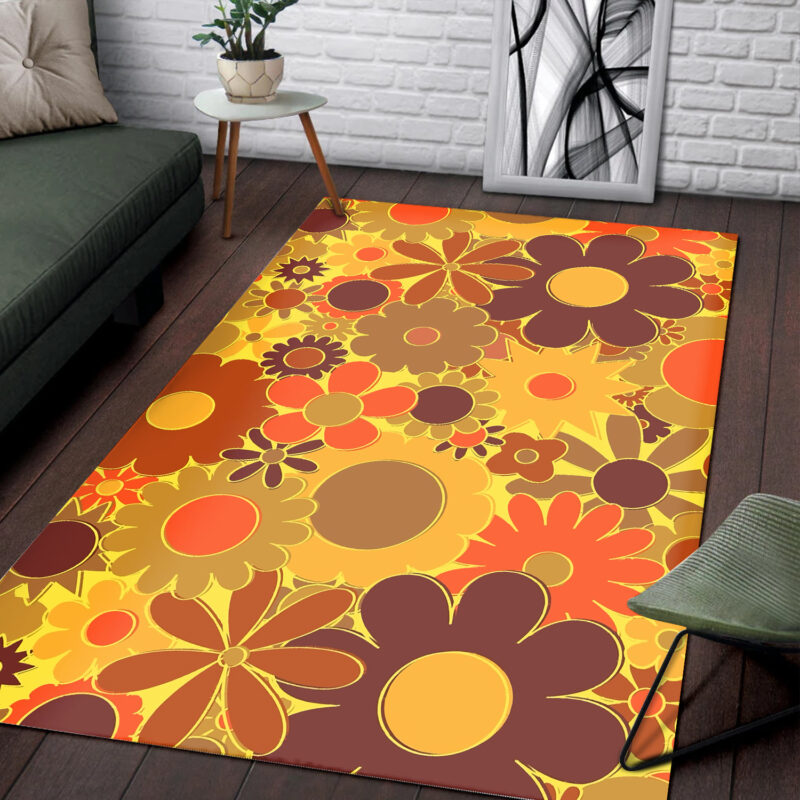 Funky Daisy Floral in Electric Orange 70s Style Rug - Dingmun