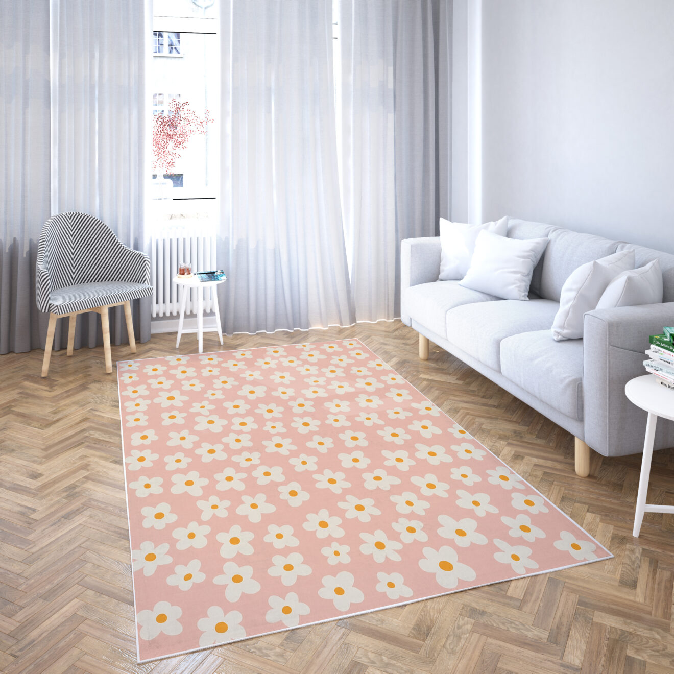 Retro Peachy Daisy Flower Pattern Rug - Dingmun