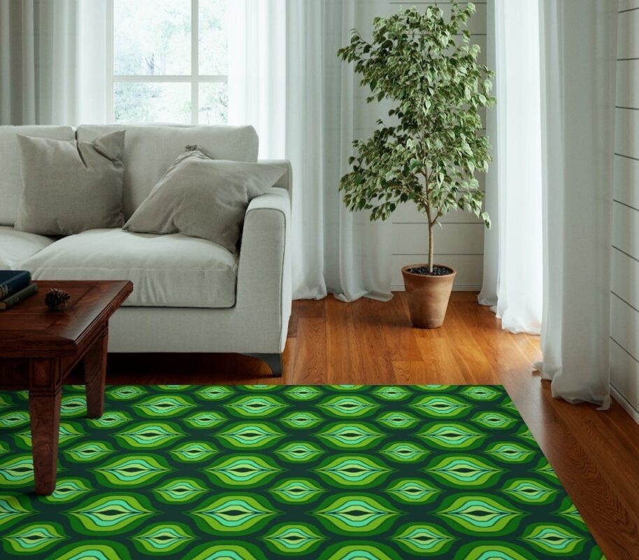 Emerald Green Mid Century Modern Boho Decor With 70s Style Rug - Dingmun