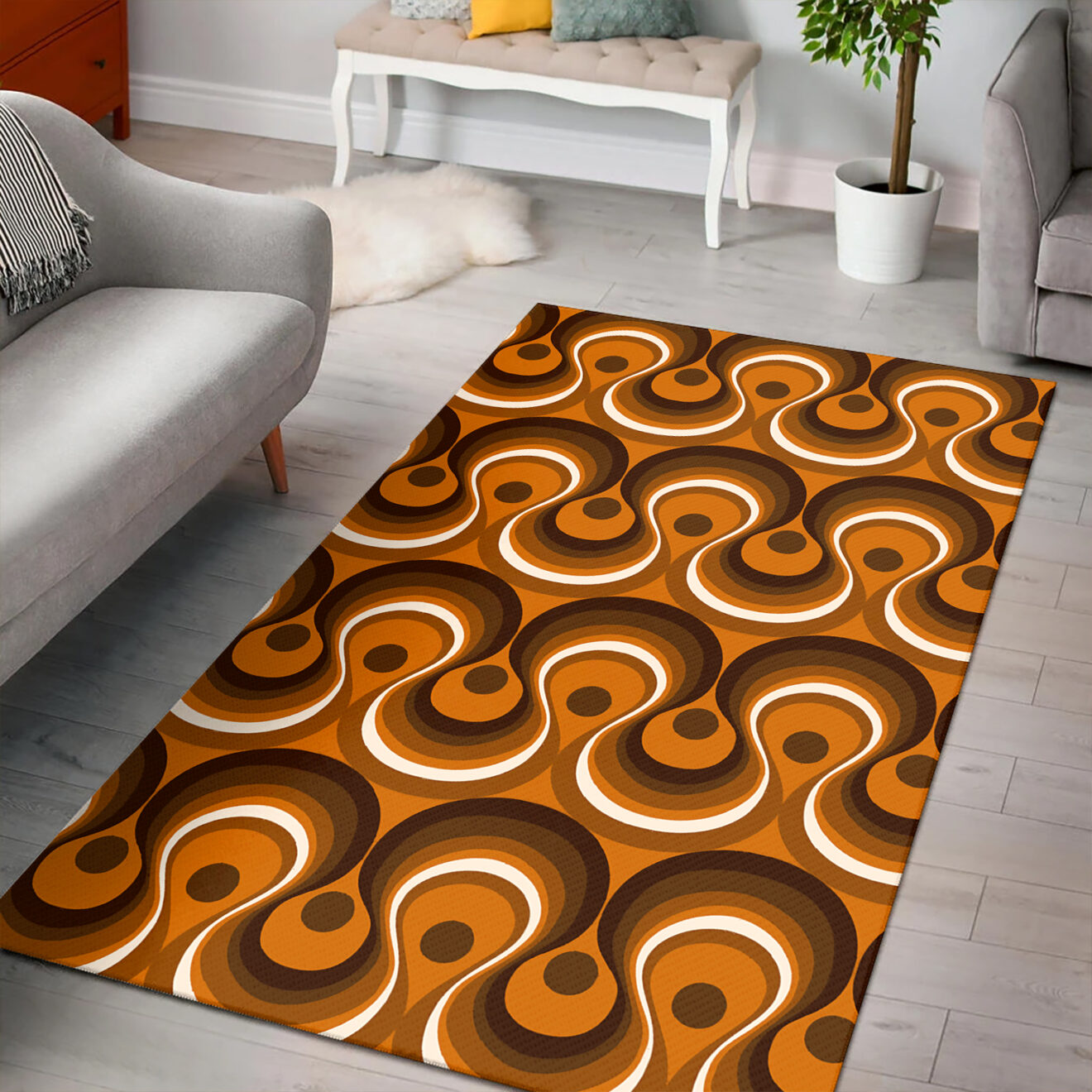 Brown Orange And Ivory Wavy Lines Retro Pattern 1970s Area Rug - Dingmun