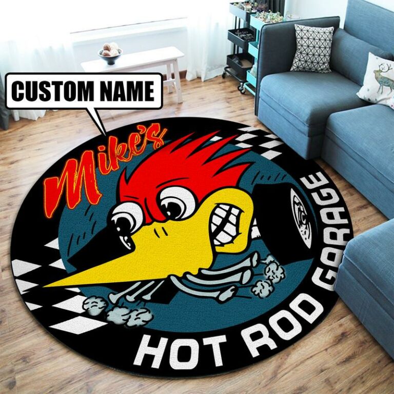 Personalized Hot Rod Mr. Horsepower Woodpecker Round Mat - Dingmun