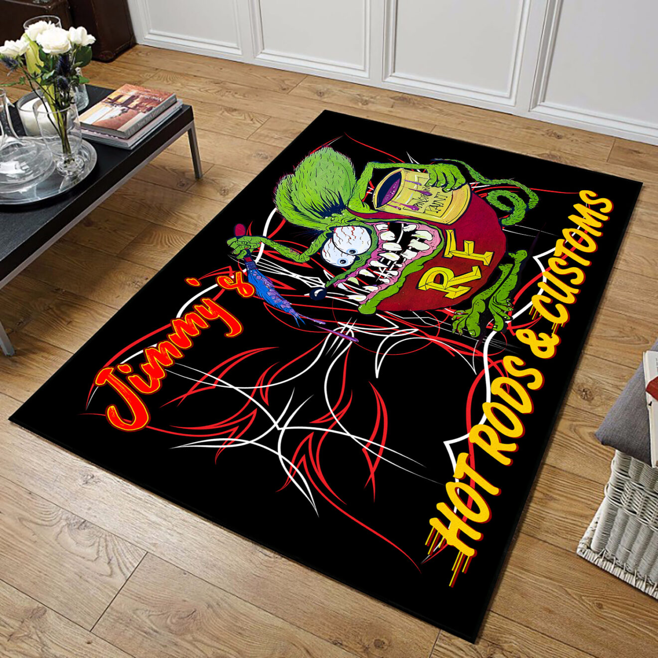 Personalized Rat Fink Pinstripe Hot Rod And Customs Area Rug - Dingmun