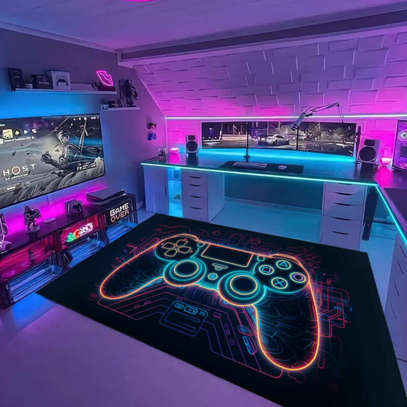 Neon Lights Effect Game Controller Design Area Rug For Game Room - Dingmun