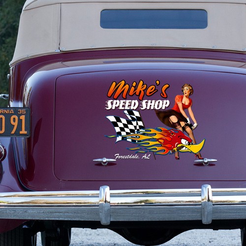 Personalized Hot Rod Pin Up Girl with Racing Flag Speed Shop Sticker ...