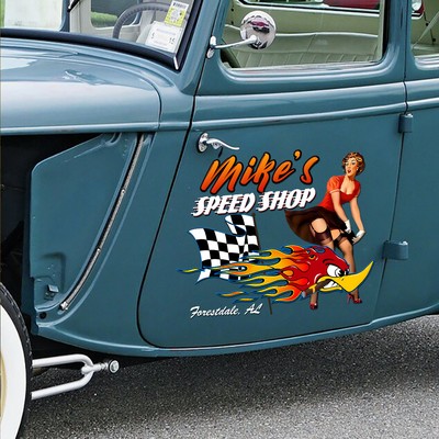 Personalized Hot Rod Pin Up Girl with Racing Flag Speed Shop Sticker ...