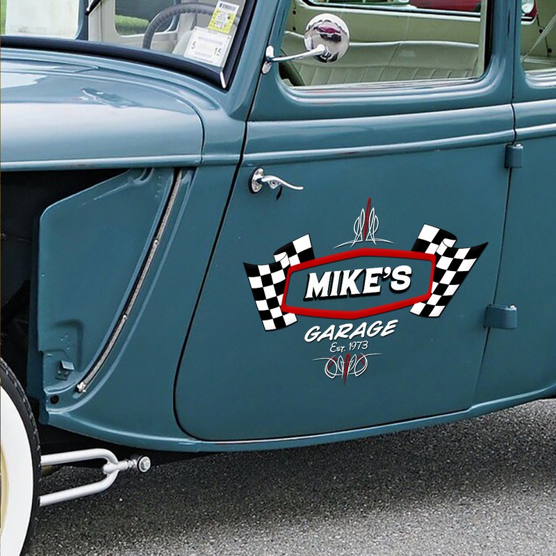 Personalized Pinstripe With Racing Flag Hot Rod Garage Decals - Dingmun